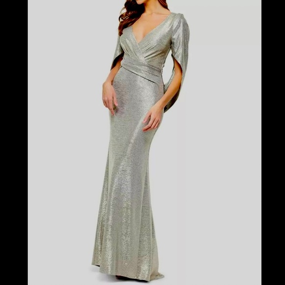 Betsy & Adam | Dresses | Betsy Adam Metallic Gold Silver Cape Sleeve Draped Back Formal Gown ...